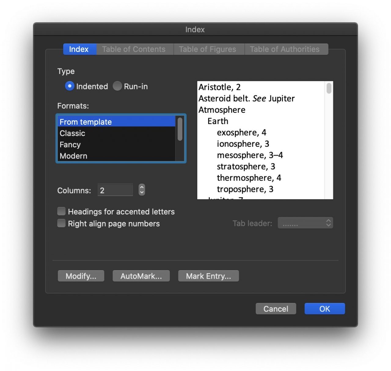 Microsoft Word Index Formats – Resources For Life