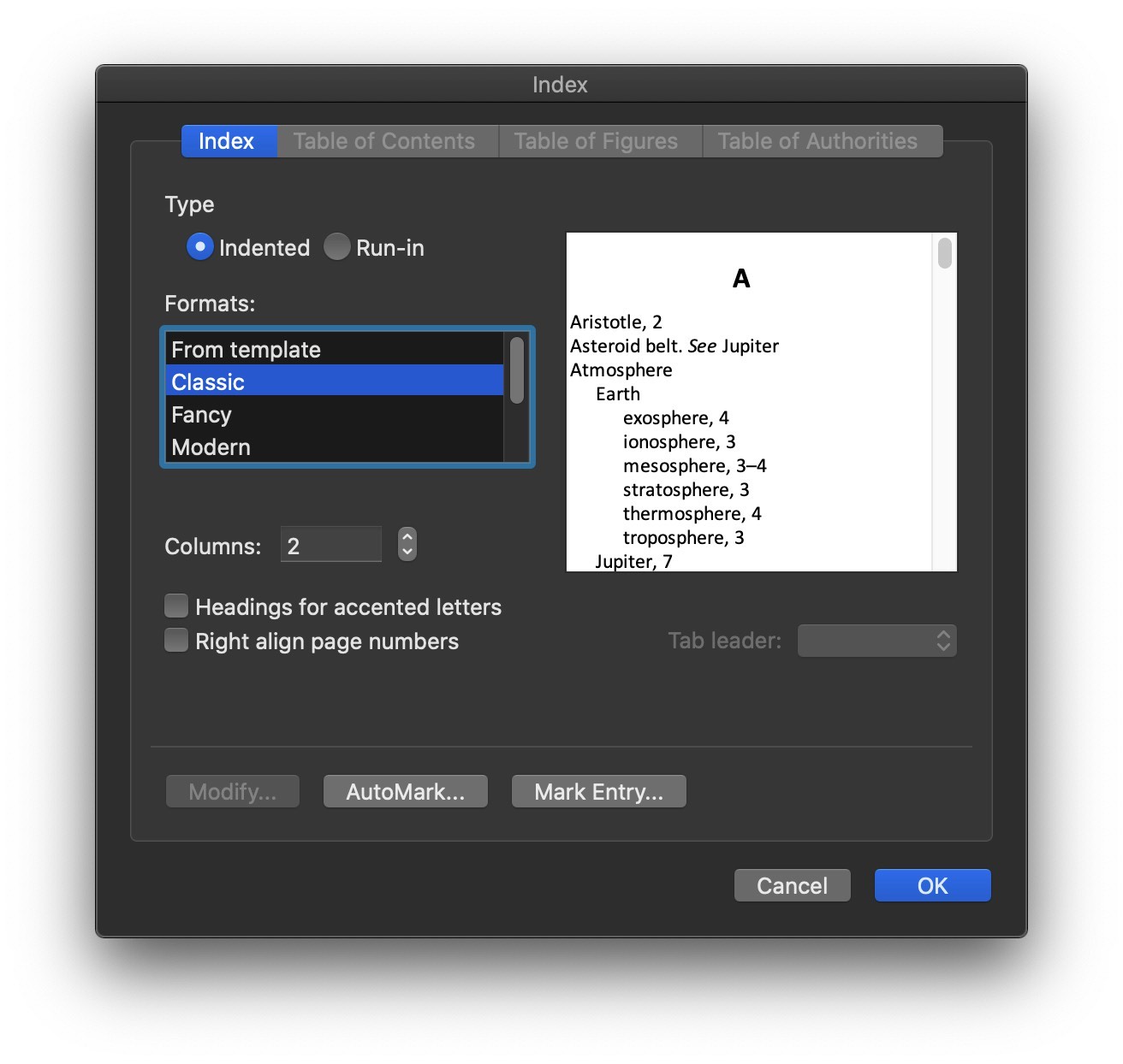 Microsoft Word Index Formats – Resources For Life