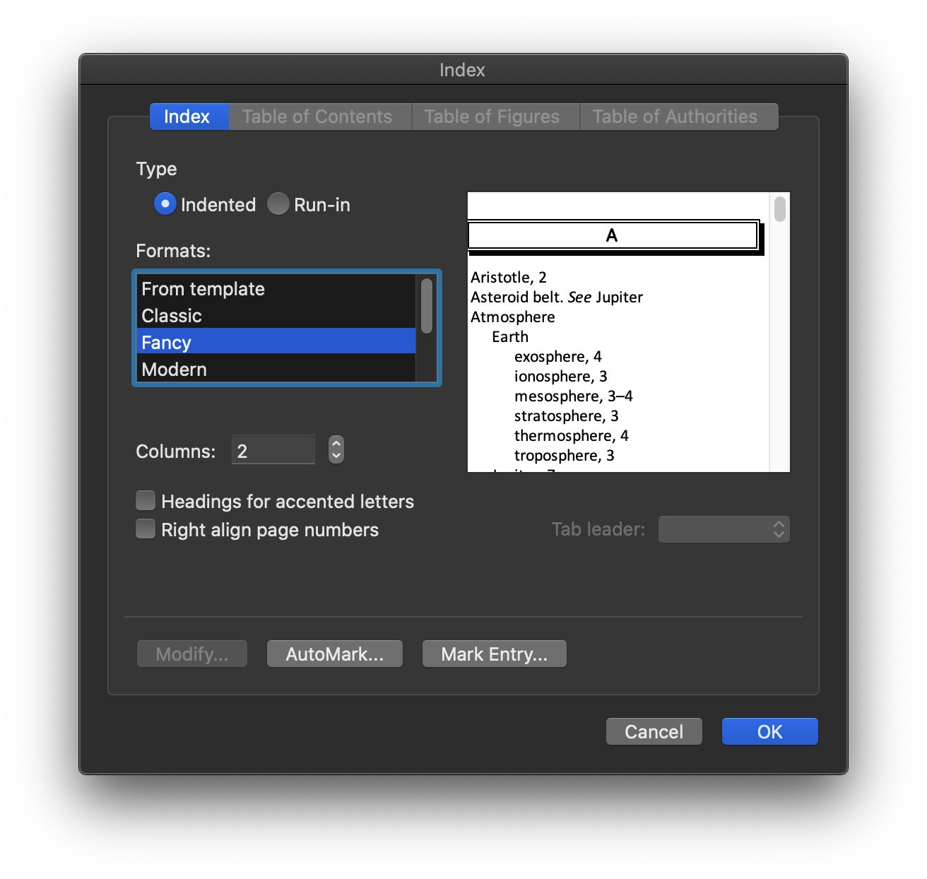 Microsoft Word Index Formats – Resources For Life