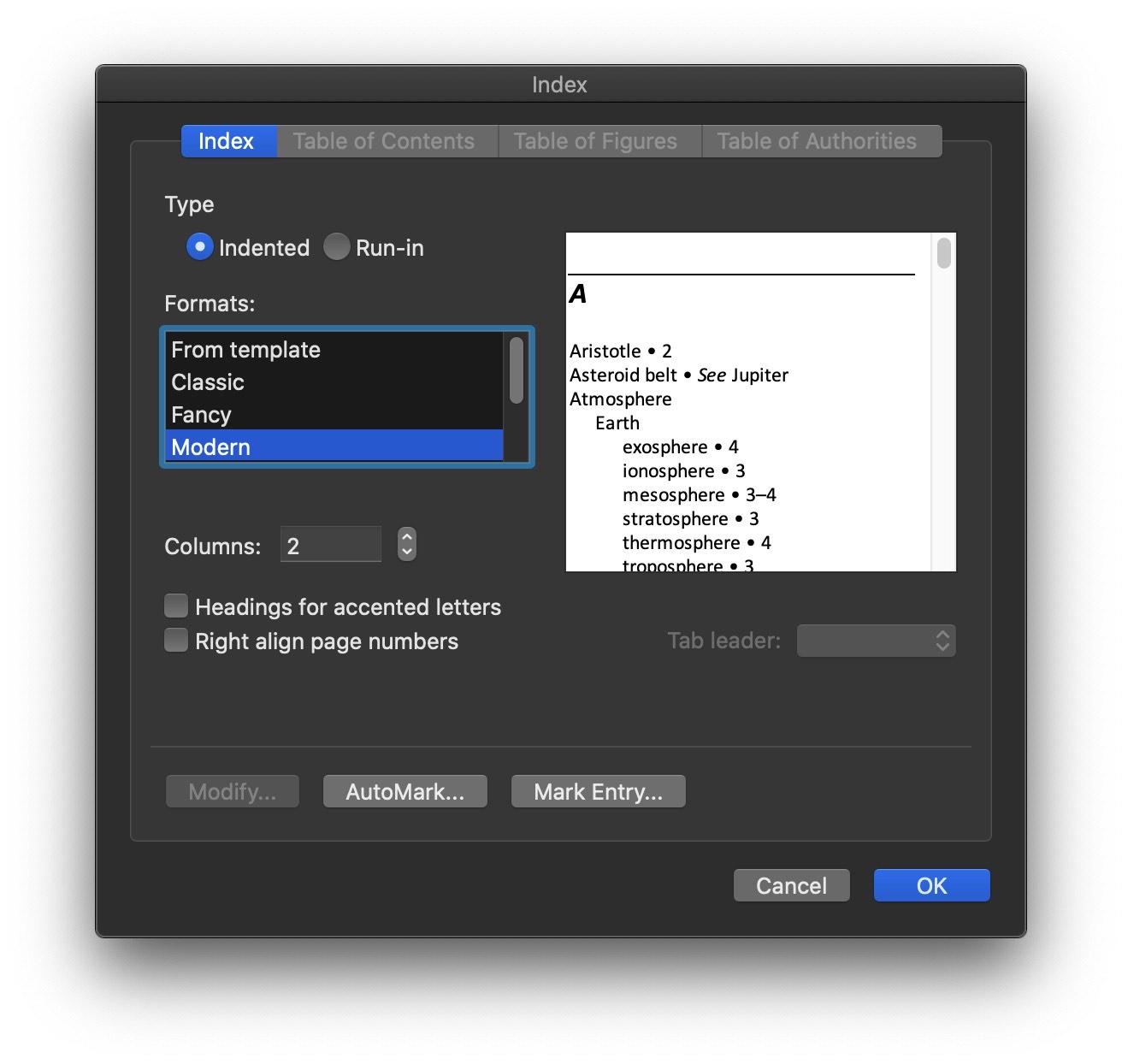 Microsoft Word Index Formats – Resources For Life