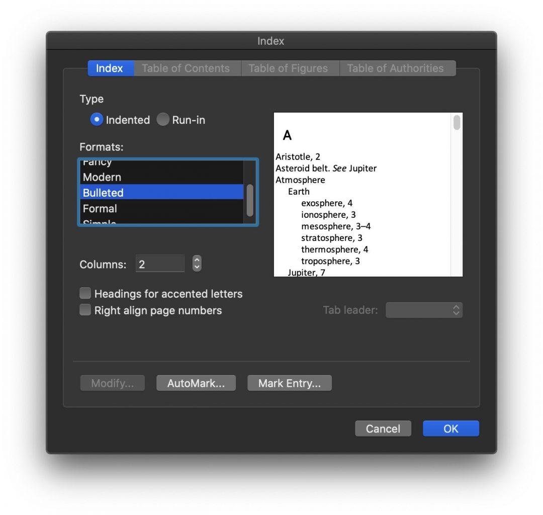 Microsoft Word Index Formats – Resources For Life