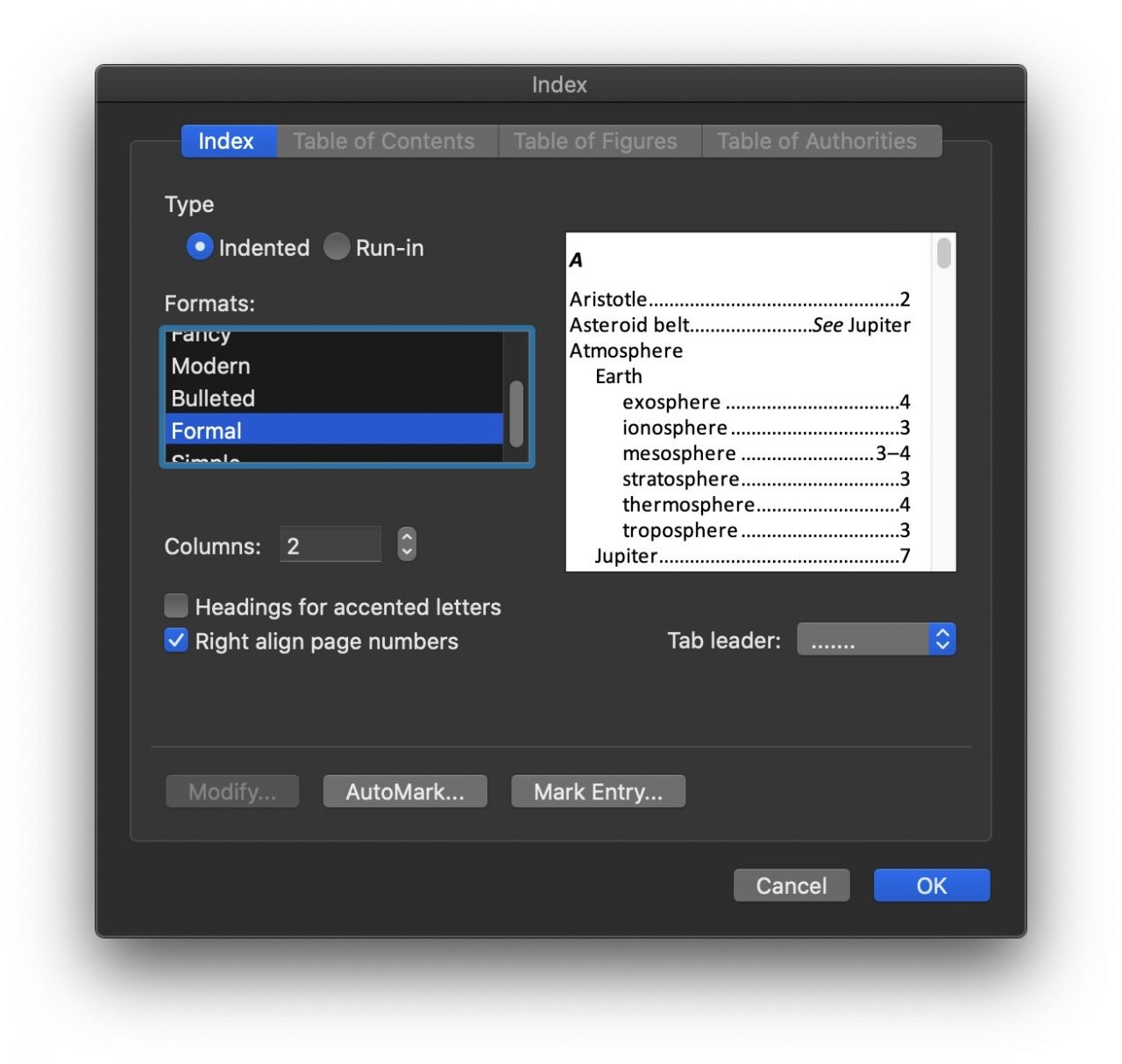 Microsoft Word Index Formats – Resources For Life