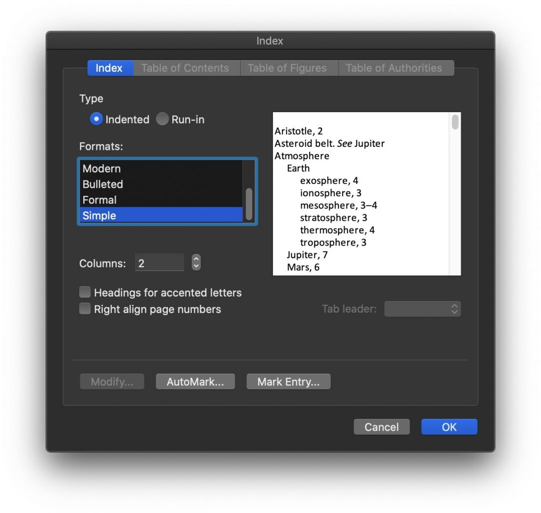 Microsoft Word Index Formats – Resources For Life