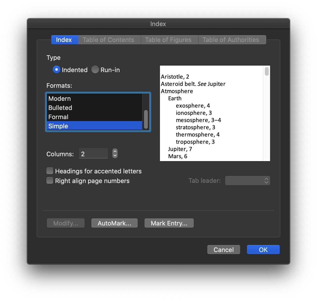 Microsoft Word Index Formats – Resources For Life