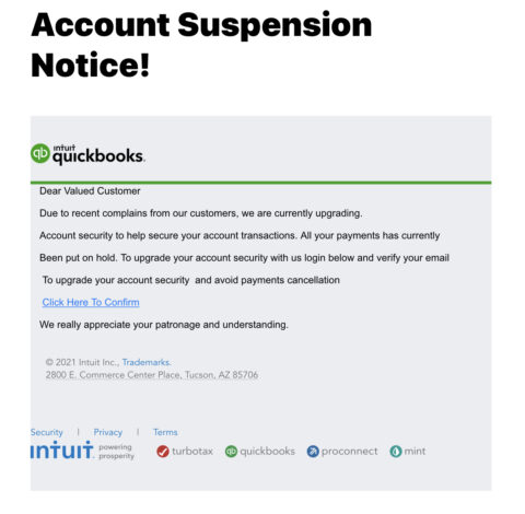 Beware of fake QuickBooks email from Intuit – “Account Suspension ...